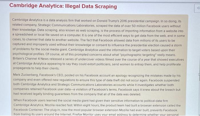 Solved Cambridge Analytica: Illegal Data Scraping Cambridge | Chegg.com