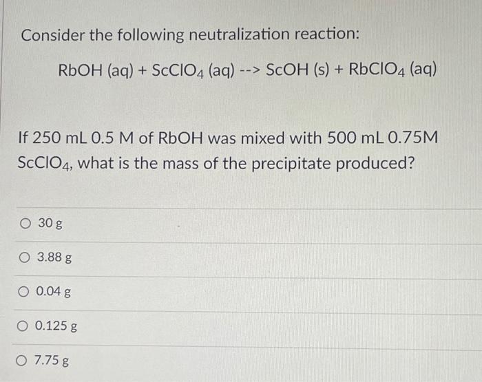 Solved Consider the following neutralization reaction: RbOH | Chegg.com