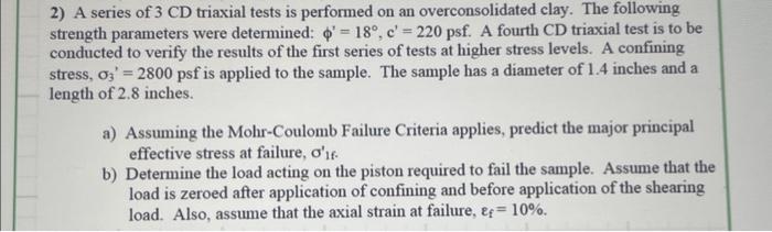 Solved 2) A series of 3CD triaxial tests is performed on an | Chegg.com