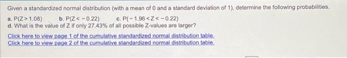 Solved Given a standardized normal distribution (with a mean | Chegg.com