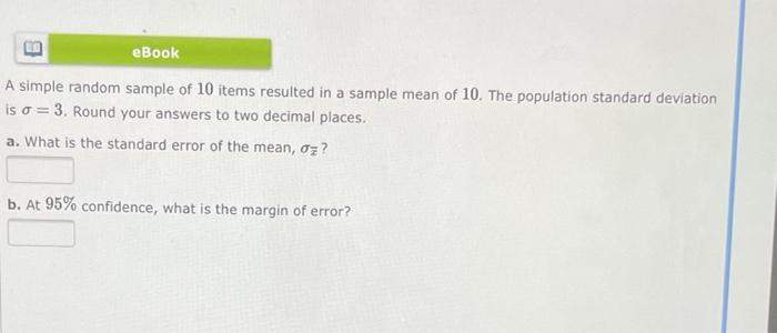 Solved eBook A simple random sample of 10 items resulted in | Chegg.com