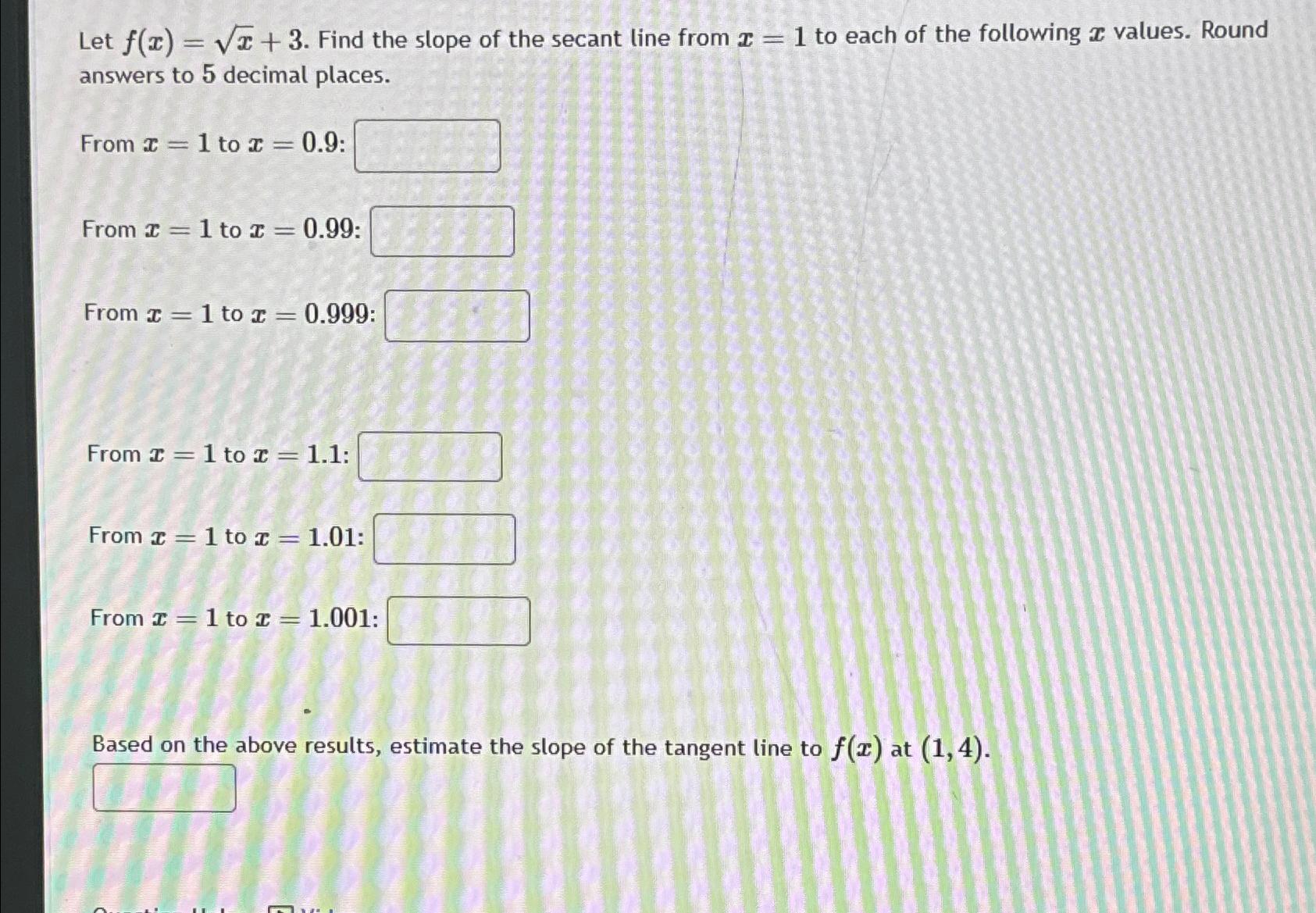 Solved Let f(x)=x2+3. ﻿Find the slope of the secant line | Chegg.com