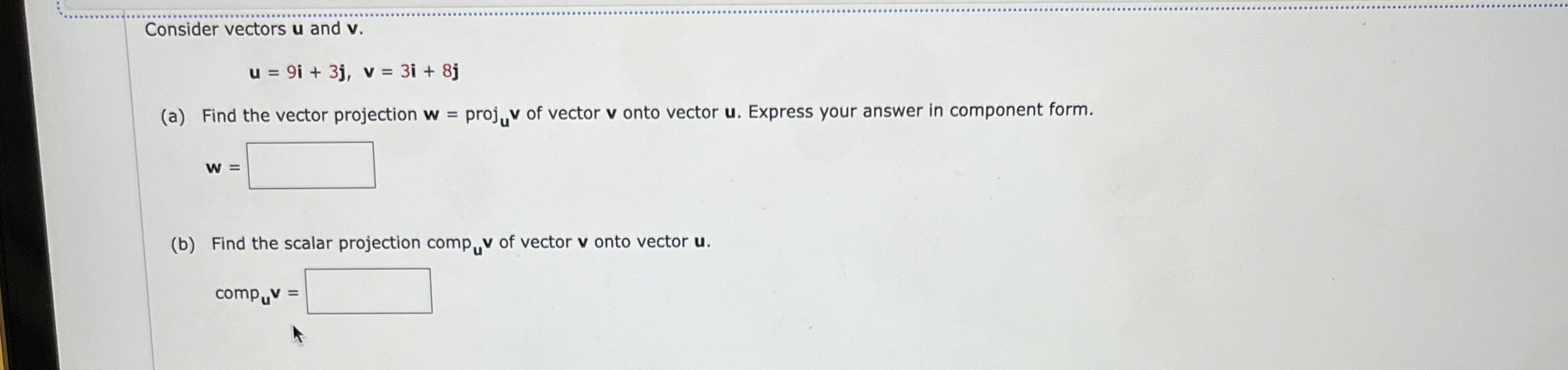 Solved Consider vectors u ﻿and v.u=9i+3j,v=3i+8j(a) ﻿Find | Chegg.com