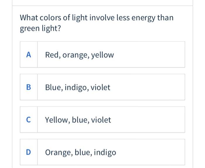 Solved What colors of light involve less energy than green | Chegg.com
