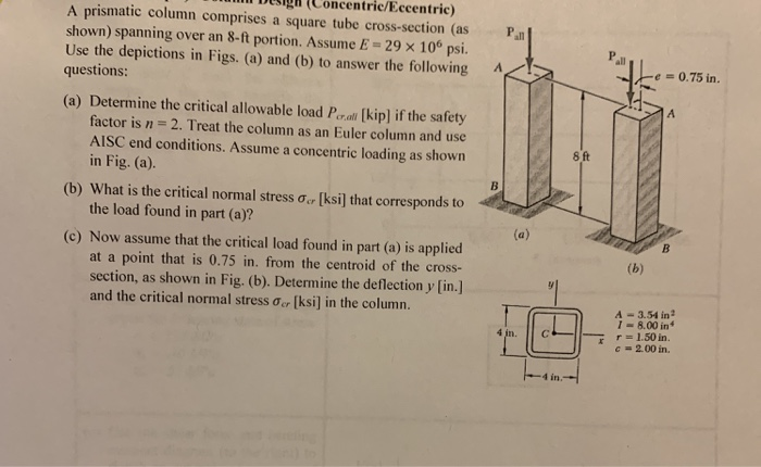 Solved A = 0.75 in. A ic/Eccentric) A prismatic column | Chegg.com
