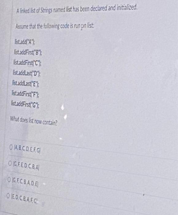 Solved A linked list of Strings named list has been declared | Chegg.com