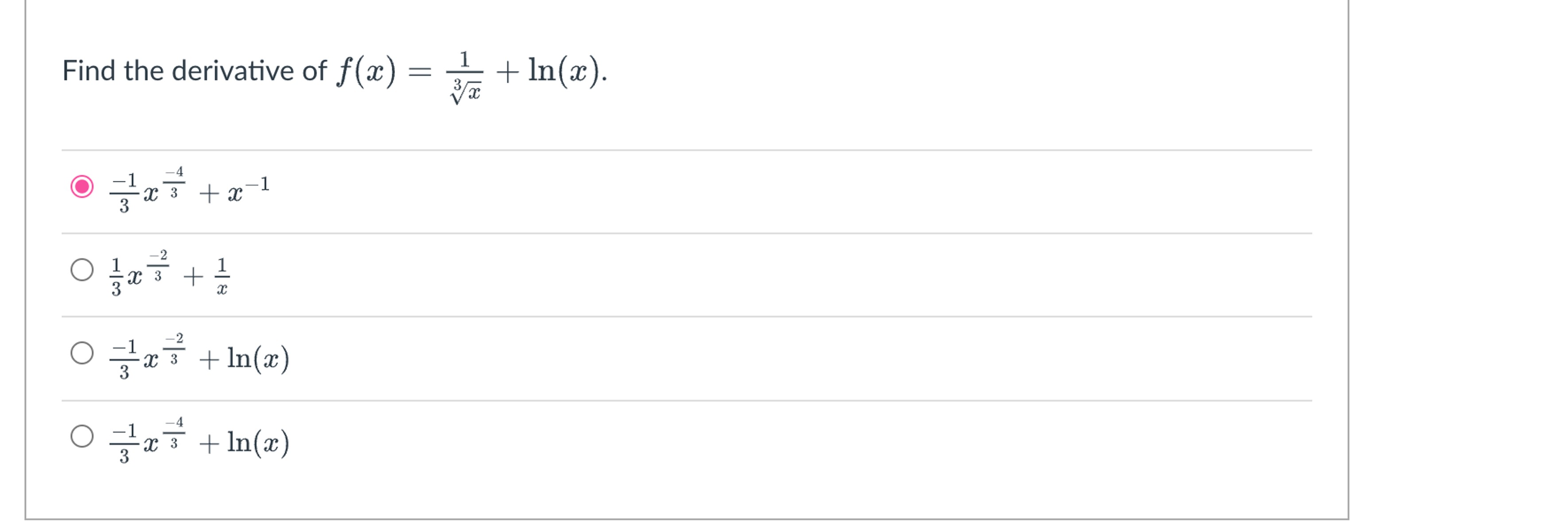 Solved Find the derivative of f(x)=1x3+ln(x). | Chegg.com