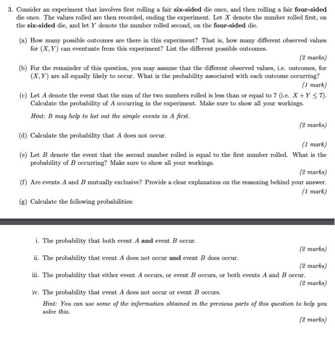 Solved 3. Consider an experiment that involves first rolling | Chegg.com