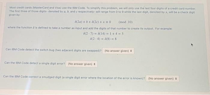 Solved Most credit cards (MasterCard and Visa) use the BBM | Chegg.com