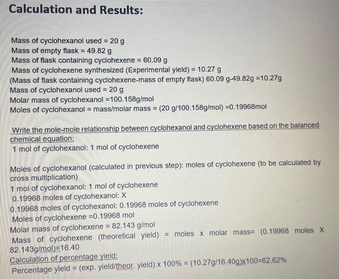 Solved Mass of cyclohexanol used =20 g Mass of empty flask | Chegg.com