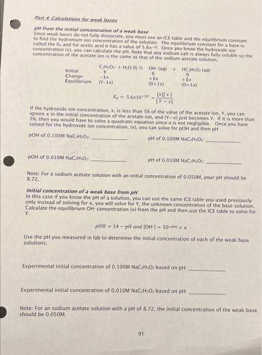 Part 4: Calculations for weak bases pH from the | Chegg.com