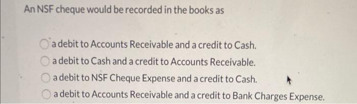 Solved An NSF cheque would be recorded in the books as a | Chegg.com