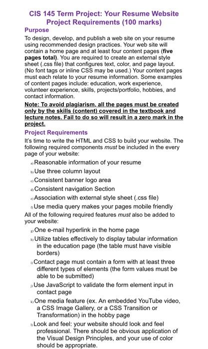 Solved CIS 145 Term Project: Your Resume Website Project | Chegg.com