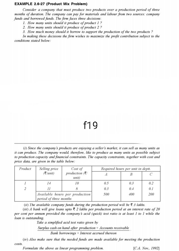 Solved EXAMPLE 2.6-27 (Product Mix Problem) Consider a | Chegg.com