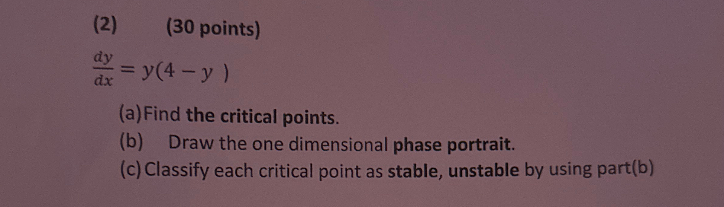 Solved (2) (30 ﻿points) ﻿dydx=y(4-y)(a) ﻿Find the critical | Chegg.com