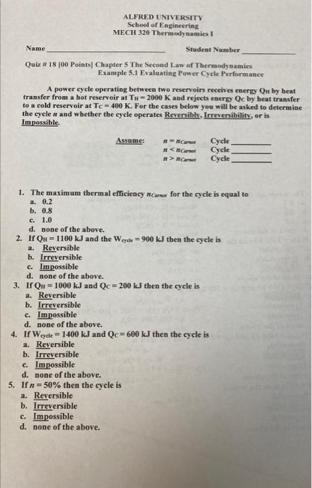 Solved A power cycle operating between two reservoirs | Chegg.com