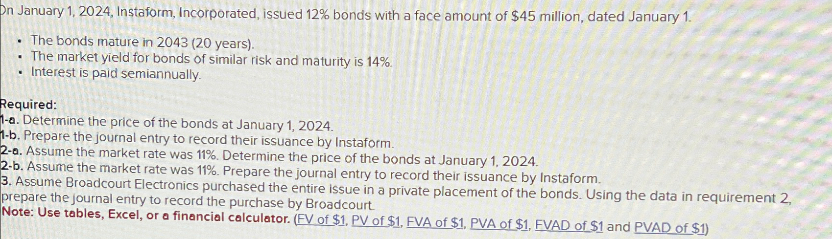 Solved Pn January 1, 2024, ﻿Instaform, Incorporated, issued | Chegg.com