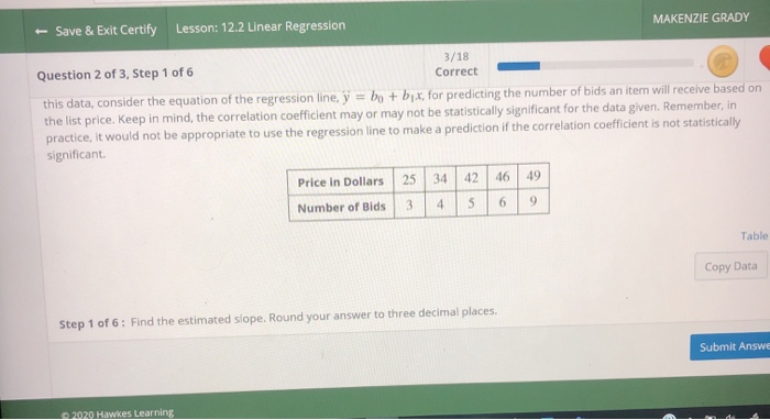 Solved - Save & Exit Certify Lesson: 12.2 Linear Regression | Chegg.com