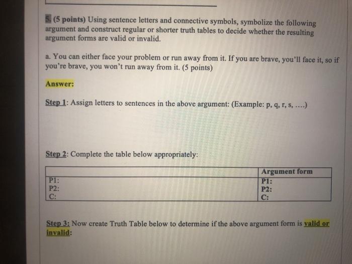 5. (5 points) Using sentence letters and connective | Chegg.com