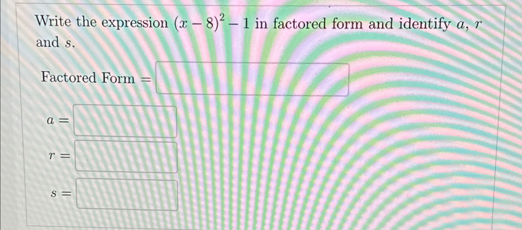 Solved Write the expression (x-8)2-1 ﻿in factored form and | Chegg.com