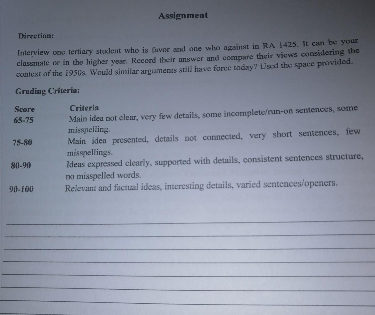 Assignment Direction: Interview one tertiary student | Chegg.com
