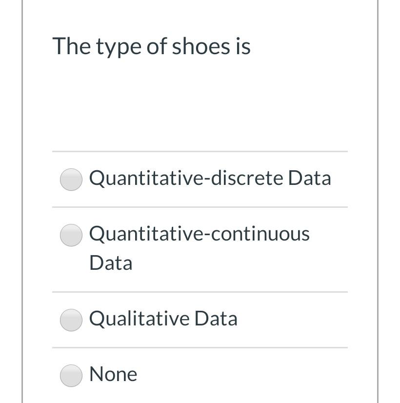 Solved The type of shoes is Quantitative-discrete Data | Chegg.com