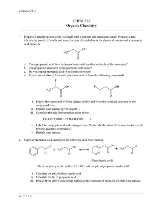 Solved CHEM 333 Organic Chemistry 1. Propanoic acid | Chegg.com