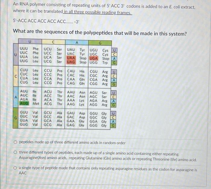 Solved An RNA polymer consisting of repeating units of 5'ACC | Chegg.com