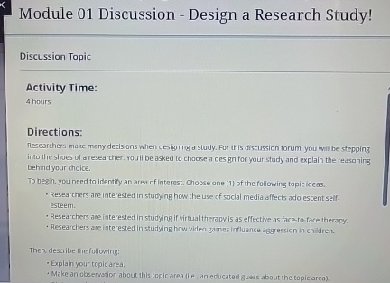 Solved Module 01 ﻿Discussion - ﻿Design a Research | Chegg.com