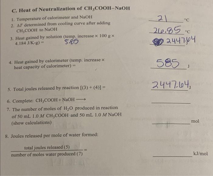 Solved C. Heat of Neutralization of CH3COOH−NaOH 1. | Chegg.com
