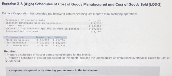 Solved Exercise 3-3 (Algo) Schedules of Cost of Goods | Chegg.com