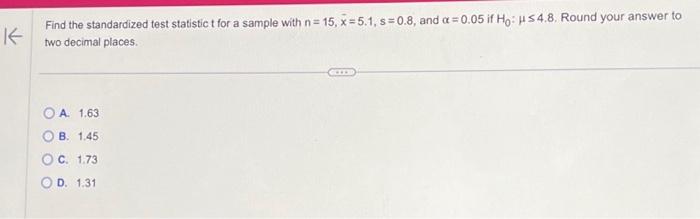 Solved Find the standardized test statistic t for a sample | Chegg.com