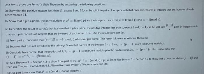 Solved Let's try to prove the Fermat's Little Theorem by | Chegg.com