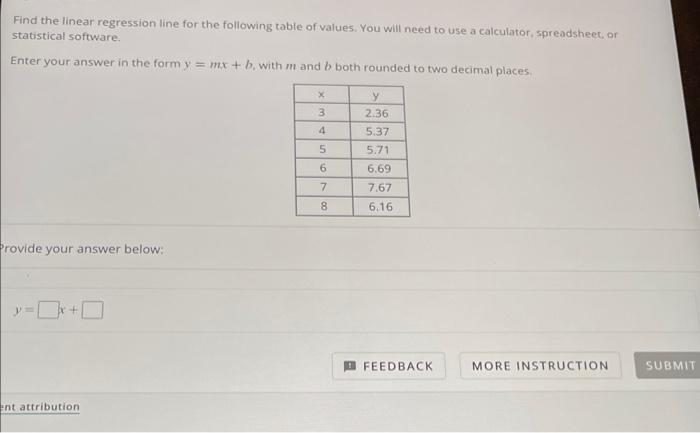 Solved Find the linear regression line for the following | Chegg.com