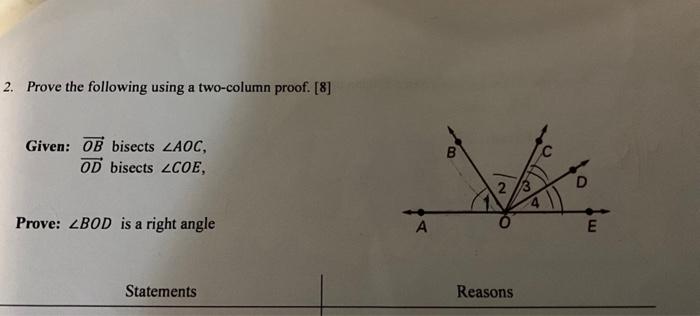 Solved 2. Prove the following using a two-column proof. [8] | Chegg.com