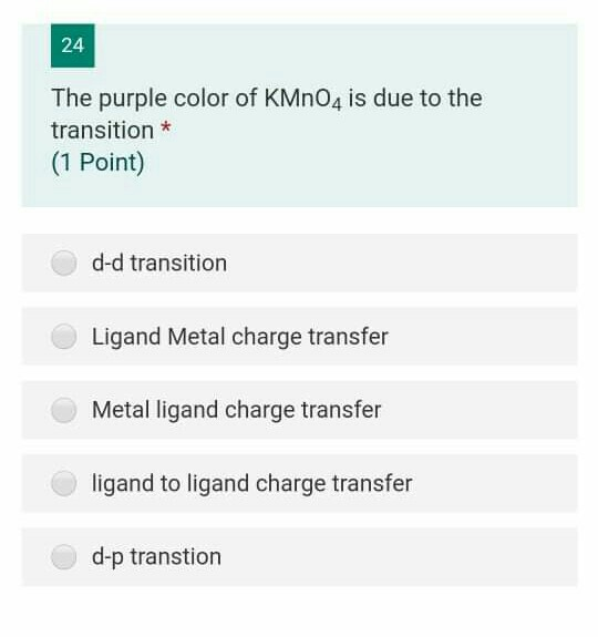 Solved 24 The purple color of KMnO4 is due to the transition | Chegg.com