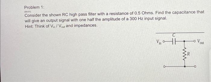 Solved Problem 1: cesin Consider the shown RC high pass | Chegg.com