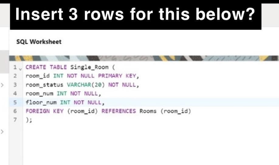 Solved Insert 3 ﻿rows for this below?SQL WorksheetCREATE | Chegg.com