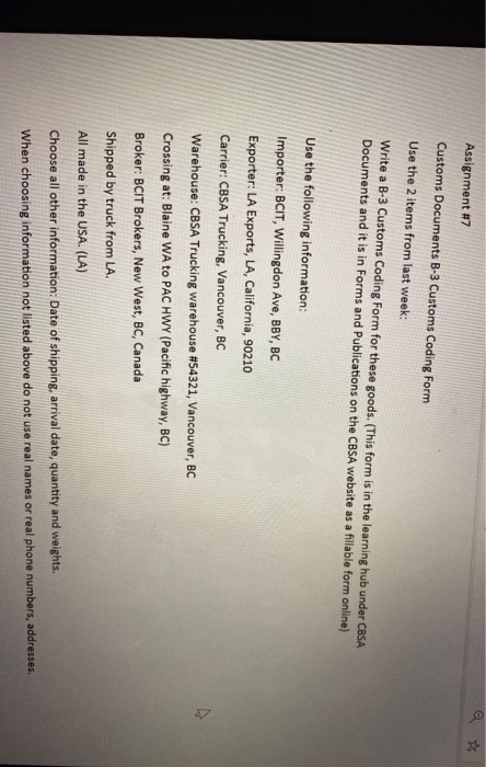 Assignment #7 Customs Documents B-3 Customs Coding | Chegg.com