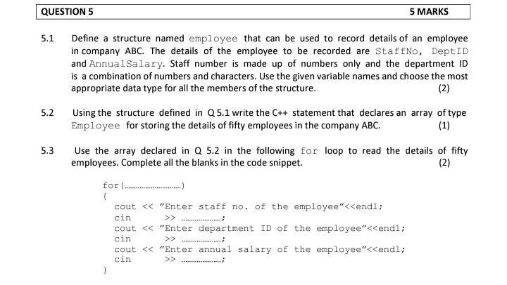 Solved 5.1 Define a structure named employee that can be | Chegg.com