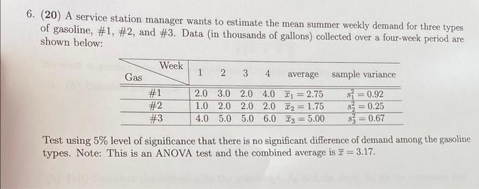 Solved 6. (20) A service station manager wants to estimate | Chegg.com