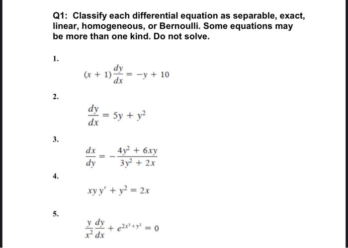 [solved] Q1 Classify Each Differential Equation As Separa