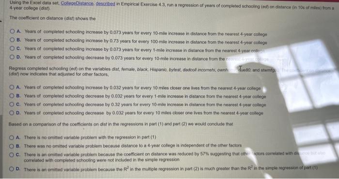 Solved Using the Excel data set, CollegeDistance, described | Chegg.com