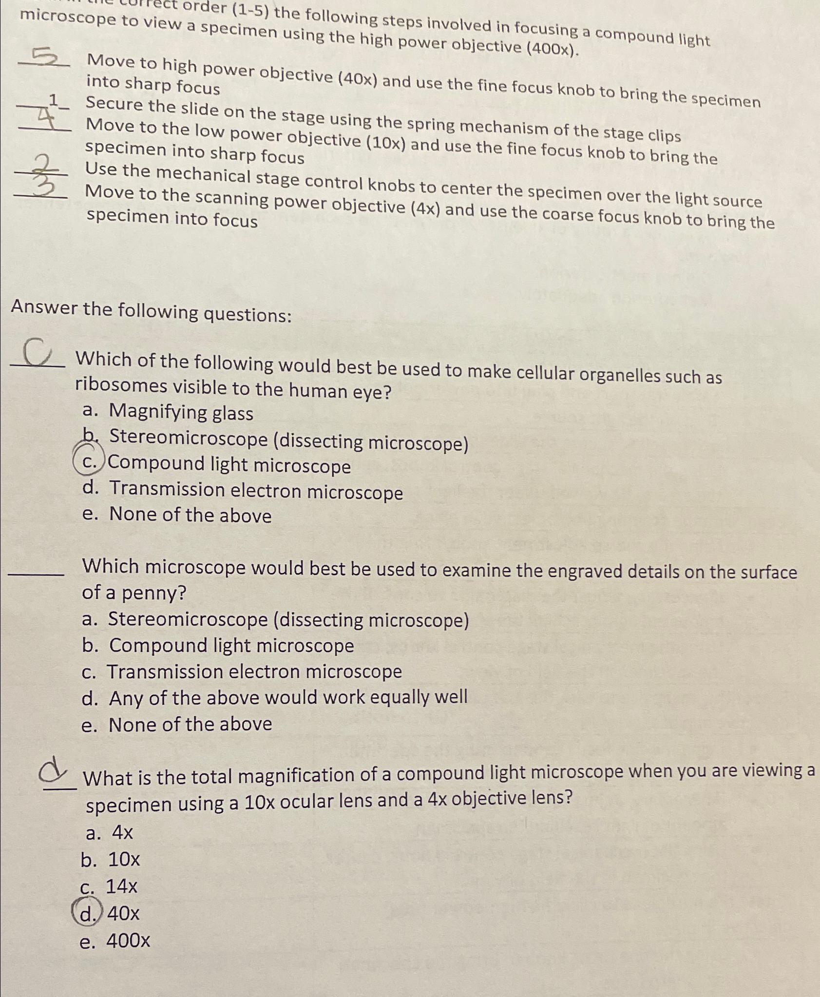 Solved microscope tow ﻿a specimen using the high power | Chegg.com