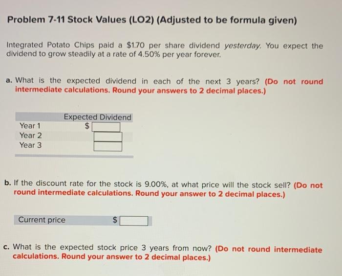 Solved Problem 7-11 Stock Values (LO2) (Adjusted to be | Chegg.com