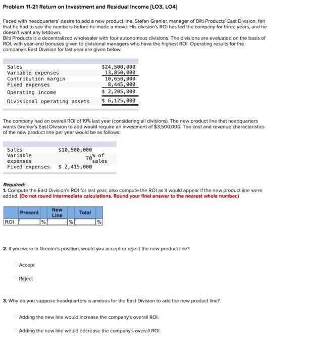 Solved Problem 11-21 Return on Investment and Residual | Chegg.com