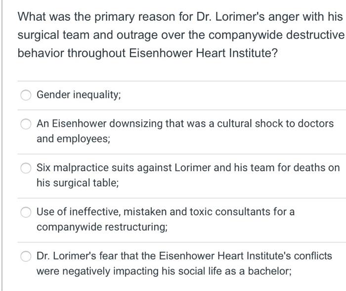 What was the primary reason for Dr. Lorimer's anger | Chegg.com