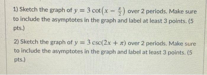 Solved 1) Sketch the graph of y = 3 cot(x - 1) over 2 | Chegg.com