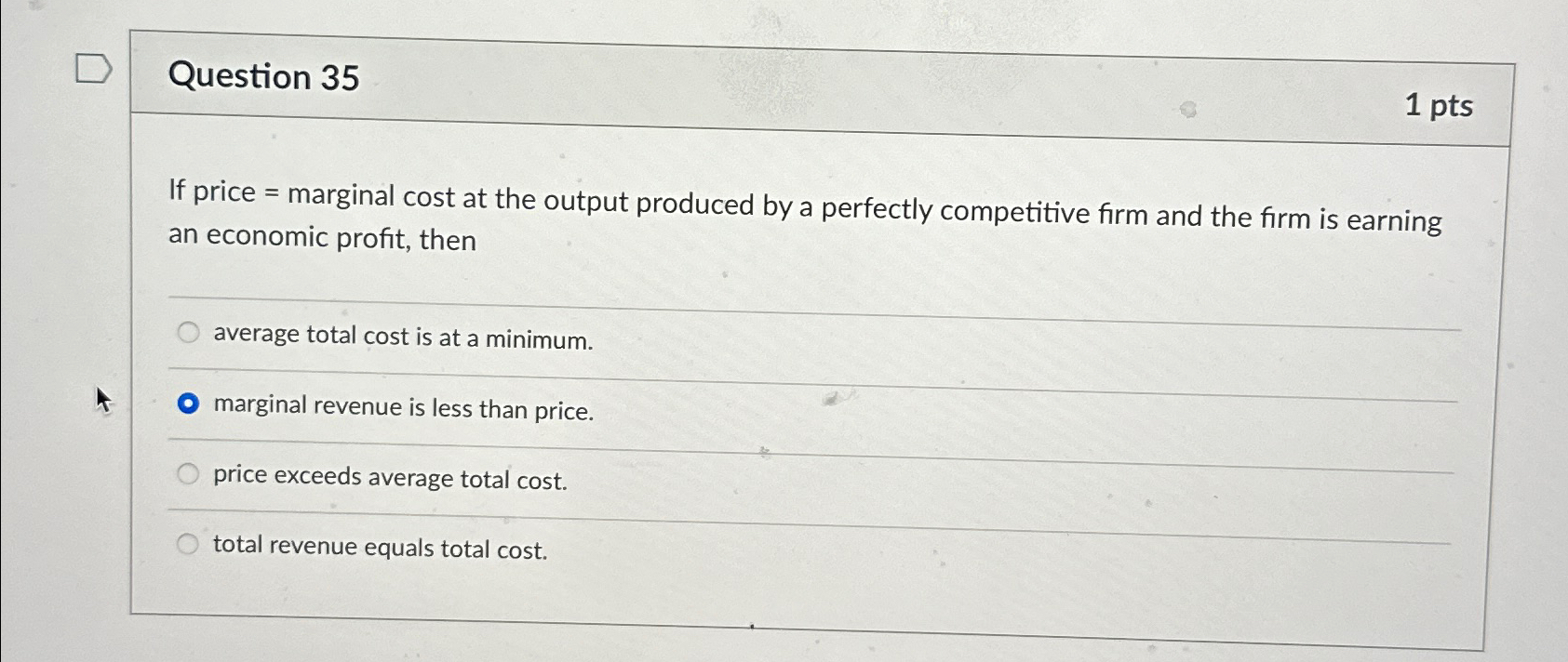 Solved Question 351ptsIf price = ﻿marginal cost at the | Chegg.com