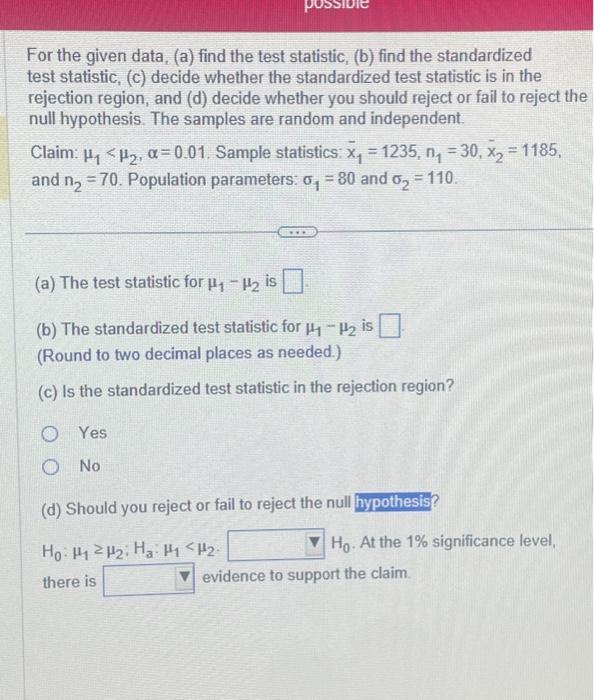 Solved For the given data, (a) find the test statistic, (b) | Chegg.com